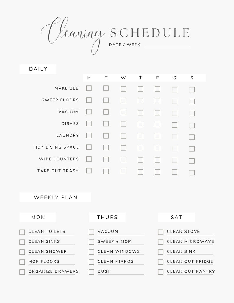 Organized Weekly & Daily Cleaning Schedule - Etsy