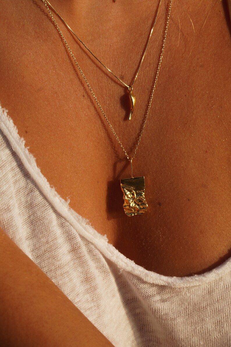Gold Edgy Rectangular Necklace Gold Vermeil Square Charm Everyday Pendant Gift for Him & Her ...