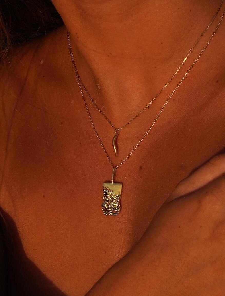 Gold Edgy Rectangular Necklace Gold Vermeil Square Charm Everyday Pendant Gift for Him & Her ...