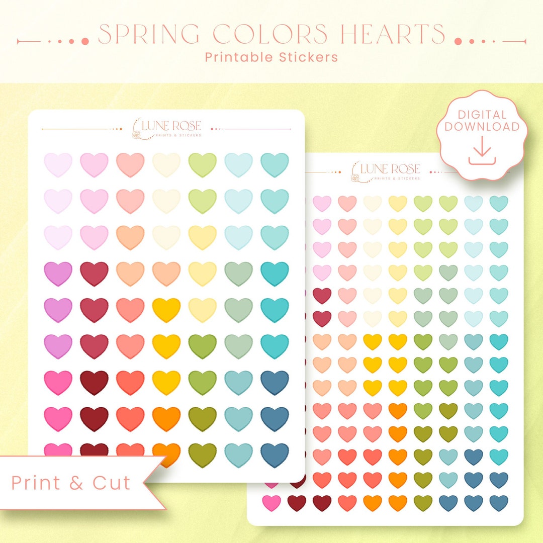 Printable Stickers Spring Colors Hearts, Deco Stickers, Kawaii Planner ...