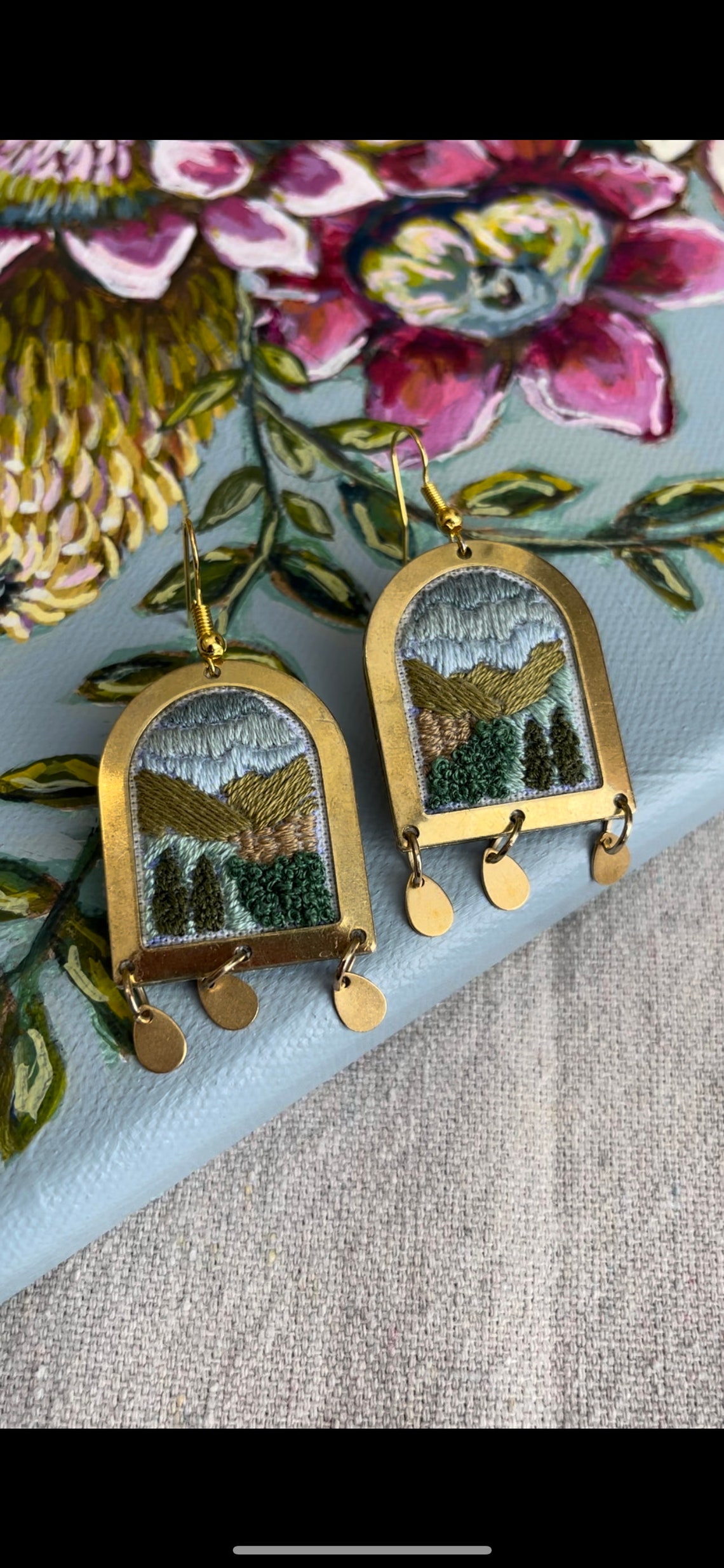 Hand Embroidered Earrings, Handmade Jewelry, Landscape Jewelry, Forest ...
