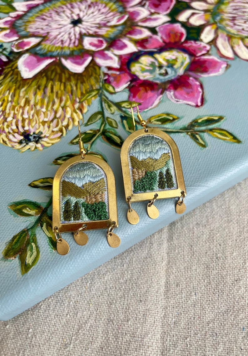 Hand Embroidered Earrings, Handmade Jewelry, Landscape Jewelry, Forest ...
