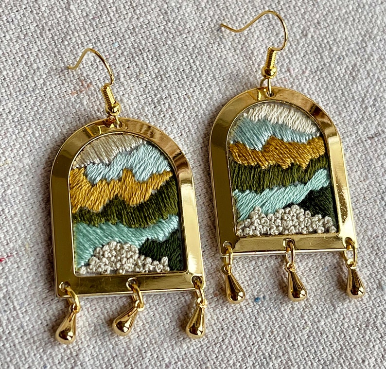 Hand Embroidered Earrings, Gold Plated, Handmade Jewelry, Landscape ...