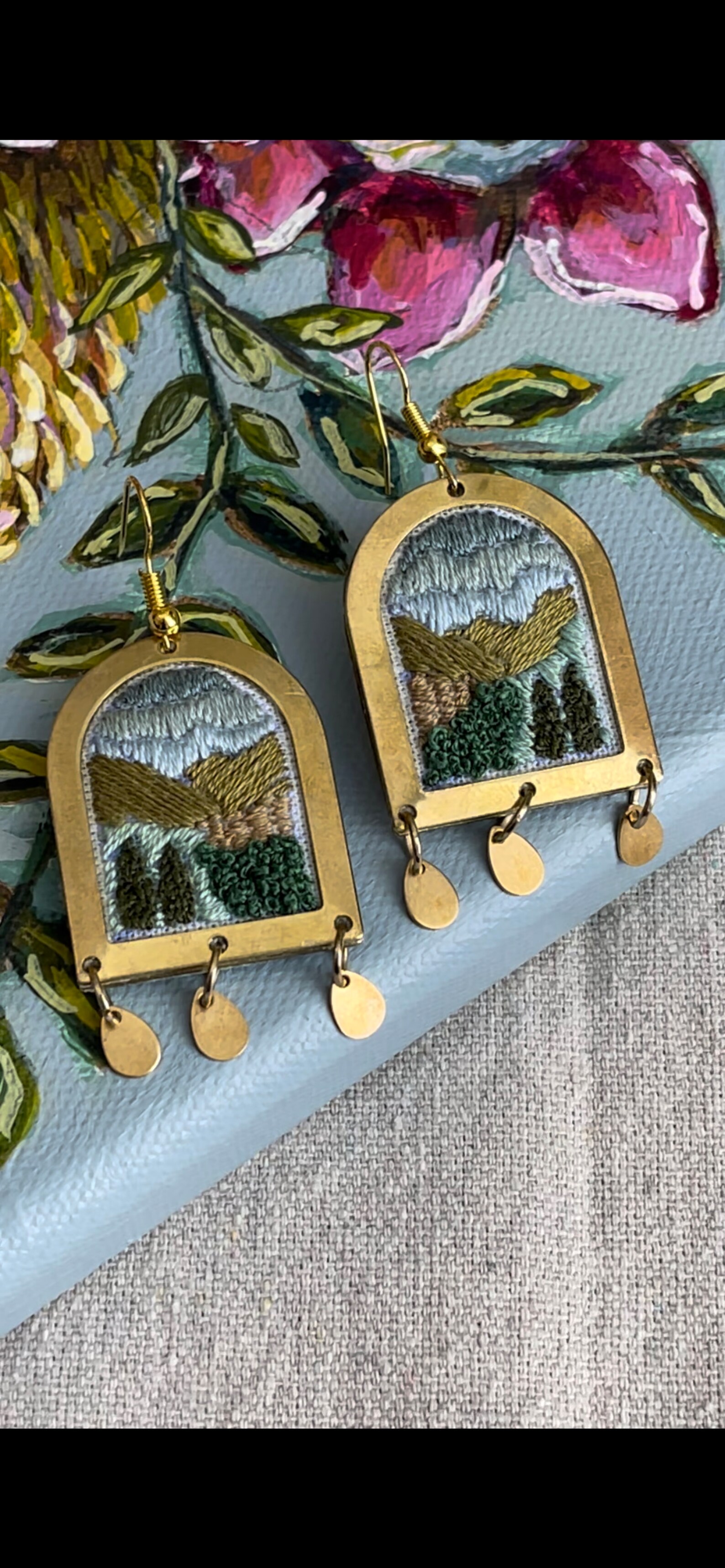 Hand Embroidered Earrings, Handmade Jewelry, Landscape Jewelry, Forest ...
