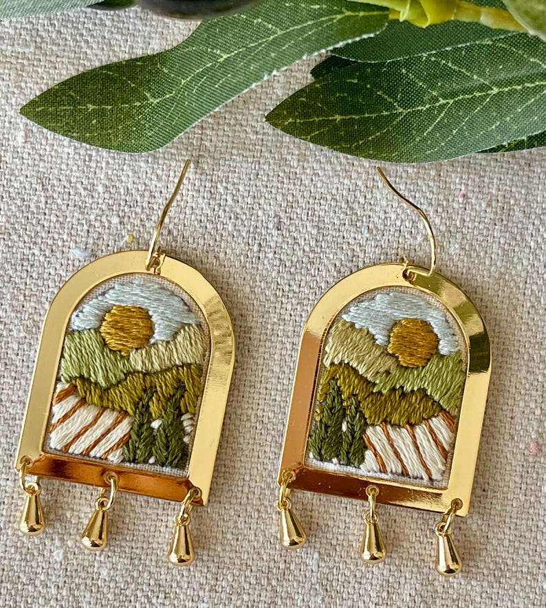 Handmade Embroidered Landscape Earrings: Gold Plated Wearable Art - Etsy