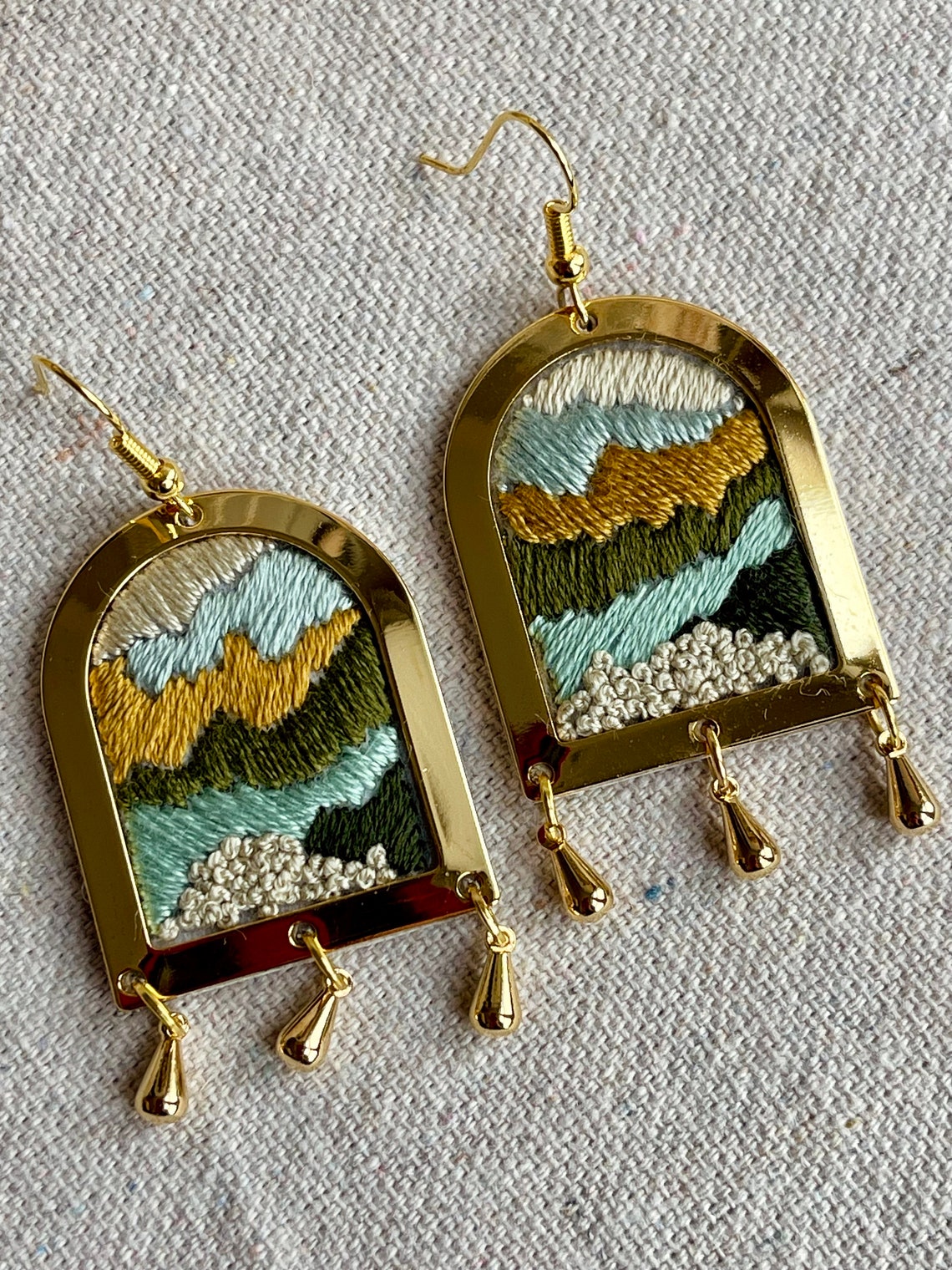 Hand Embroidered Earrings, Gold Plated, Handmade Jewelry, Landscape ...