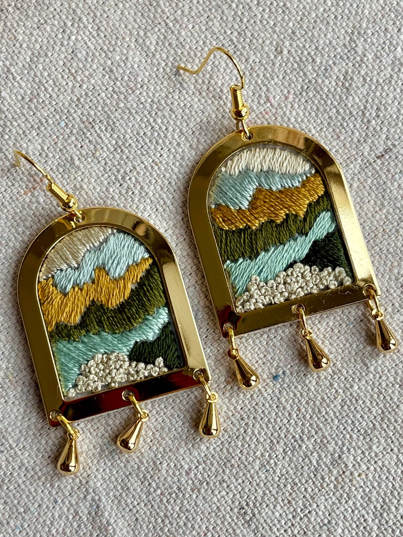 Hand Embroidered Earrings, Gold Plated, Handmade Jewelry, Landscape ...
