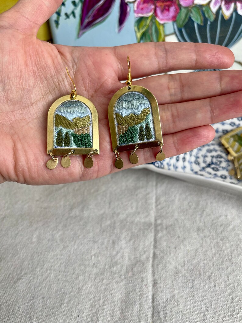 Hand Embroidered Earrings, Handmade Jewelry, Landscape Jewelry, Forest ...