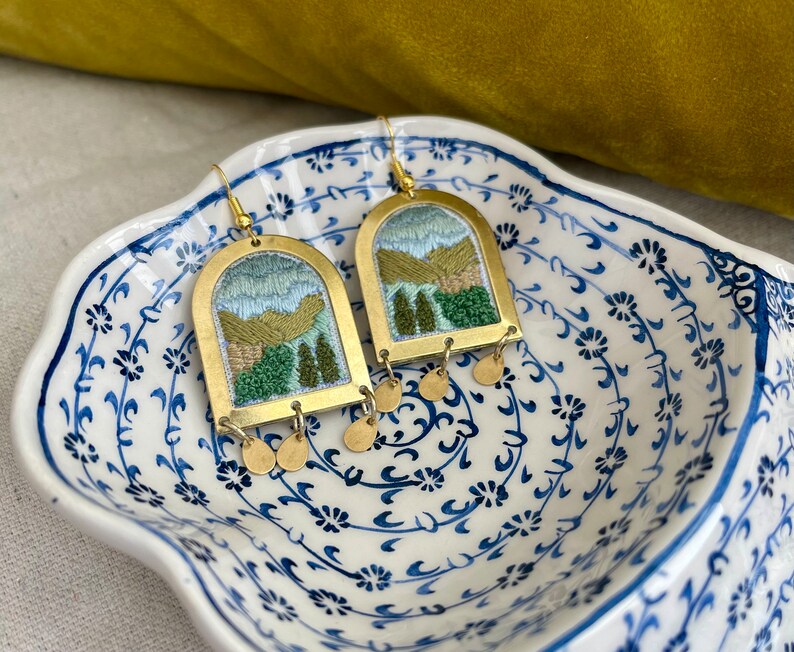 Hand Embroidered Earrings, Handmade Jewelry, Landscape Jewelry, Forest ...