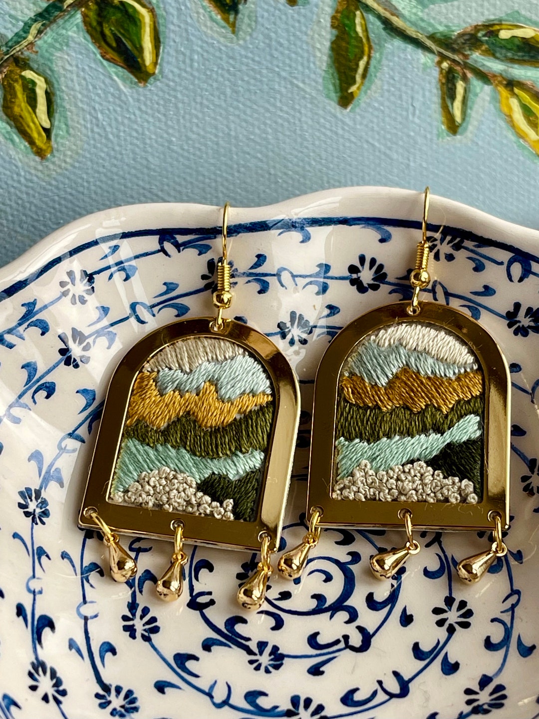 Hand Embroidered Earrings, Gold Plated, Handmade Jewelry, Landscape ...