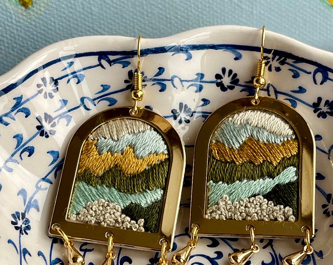 Hand Embroidered Earrings, Gold Plated, Handmade Jewelry, Landscape ...