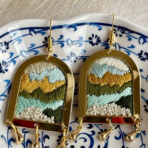 Hand Embroidered Earrings, Gold Plated, Handmade Jewelry, Landscape ...