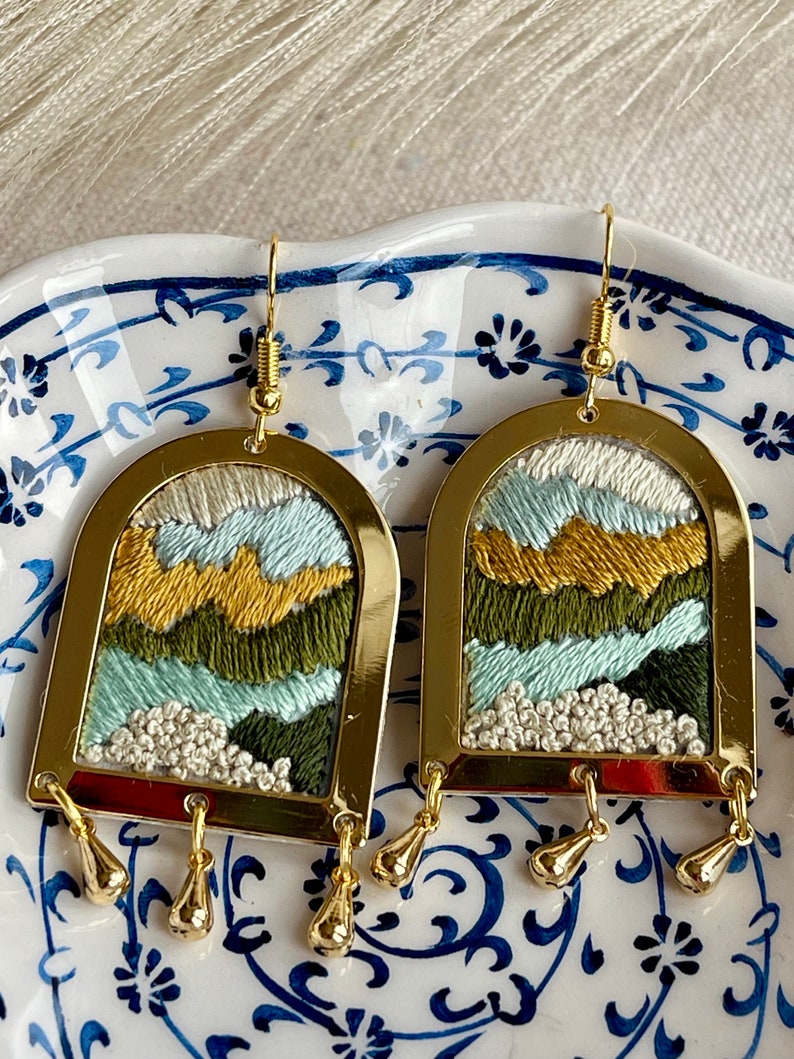 Hand Embroidered Earrings, Gold Plated, Handmade Jewelry, Landscape ...