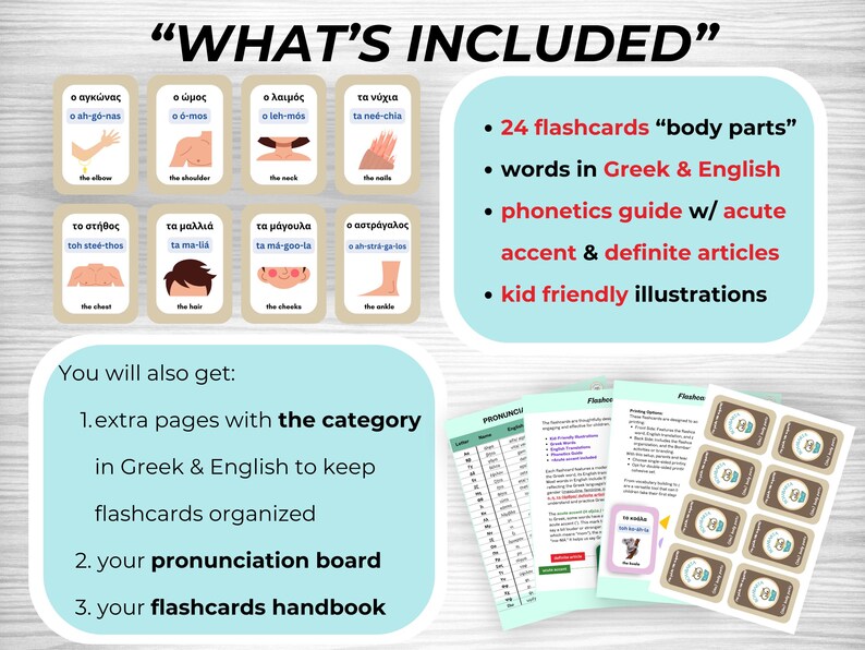 Greek Body Parts Flashcards for Kids, Bilingual Greek & English with ...