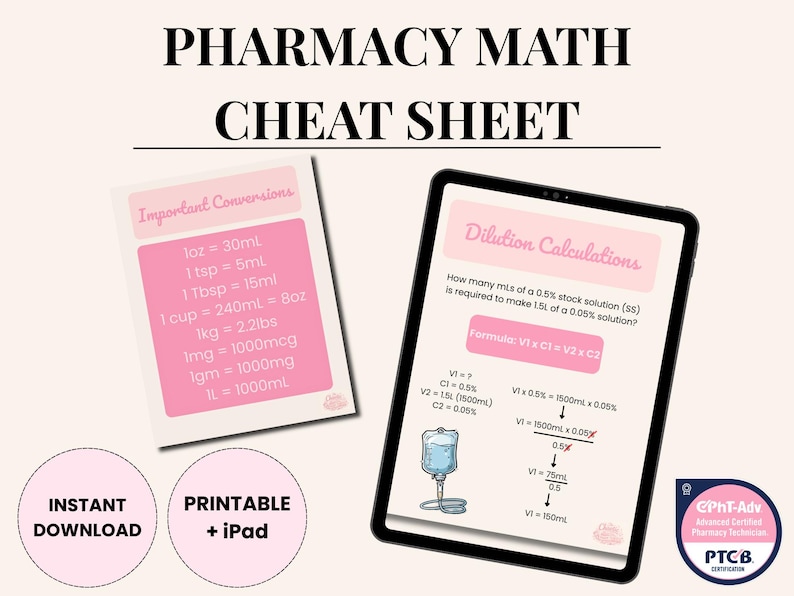 Pharmacy Technician Math Cheat Sheet | PTCB Calculations Study Guide ...