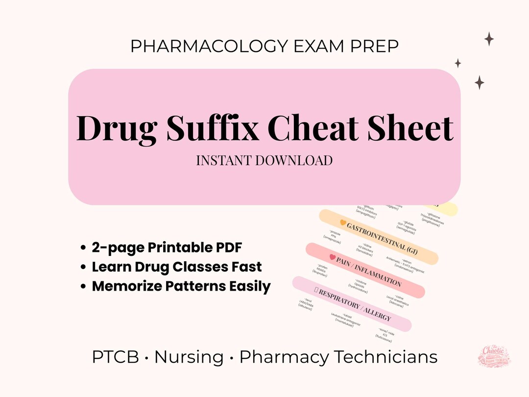 Top 200 Drug Suffix Cheat Sheet | Pharmacology Study Guide | PTCB Exam ...
