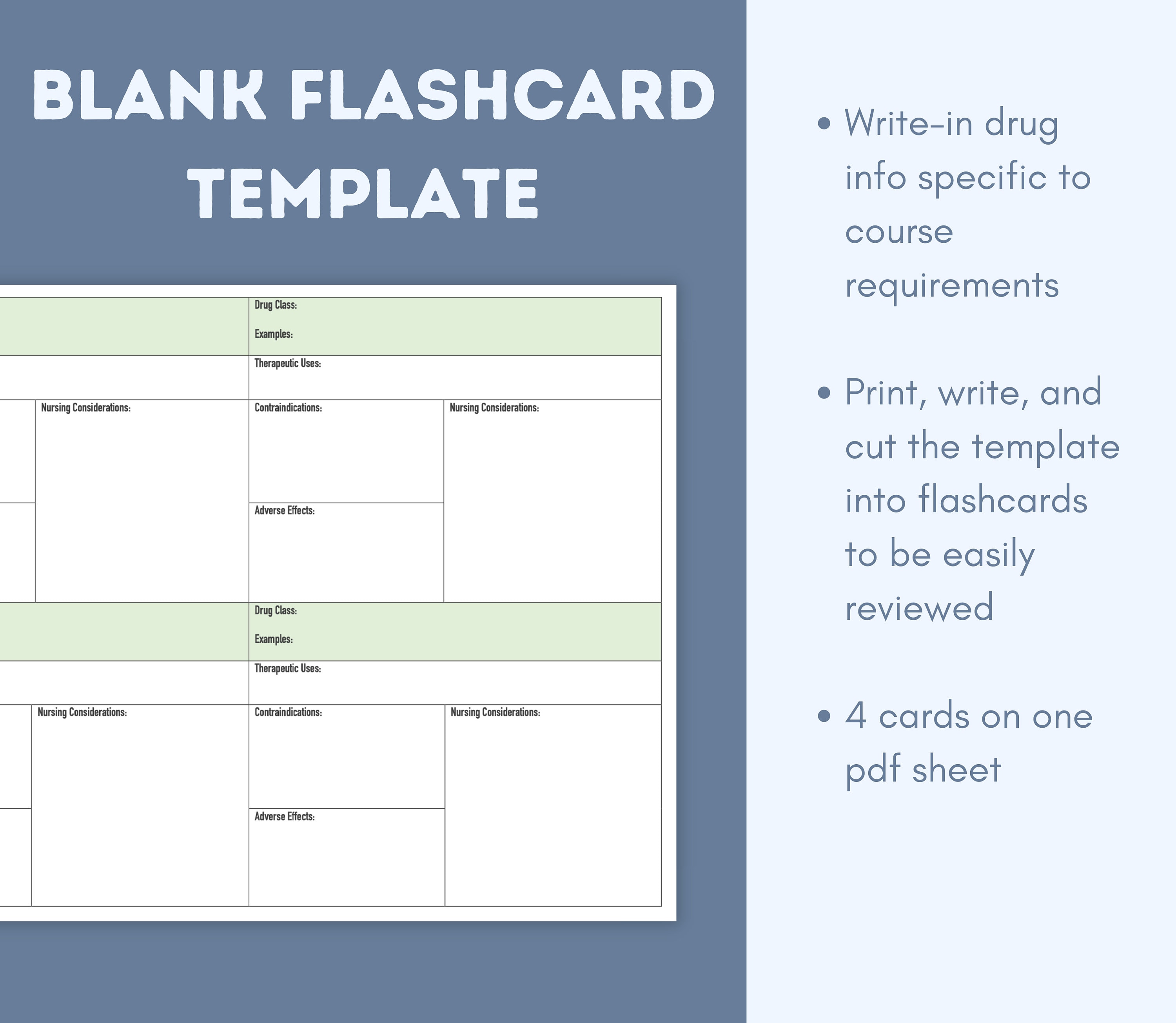 Blank Colored Pharm Flashcard Study Template, Nursing Student ...