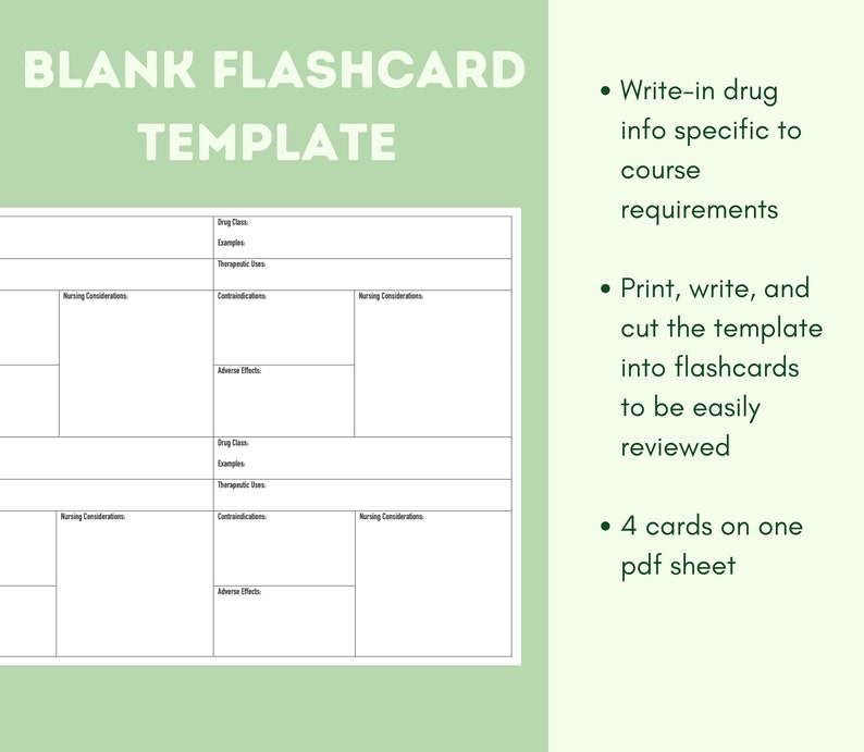 Pharmacology Blank Flashcard Template, Nursing Student Printable Study ...
