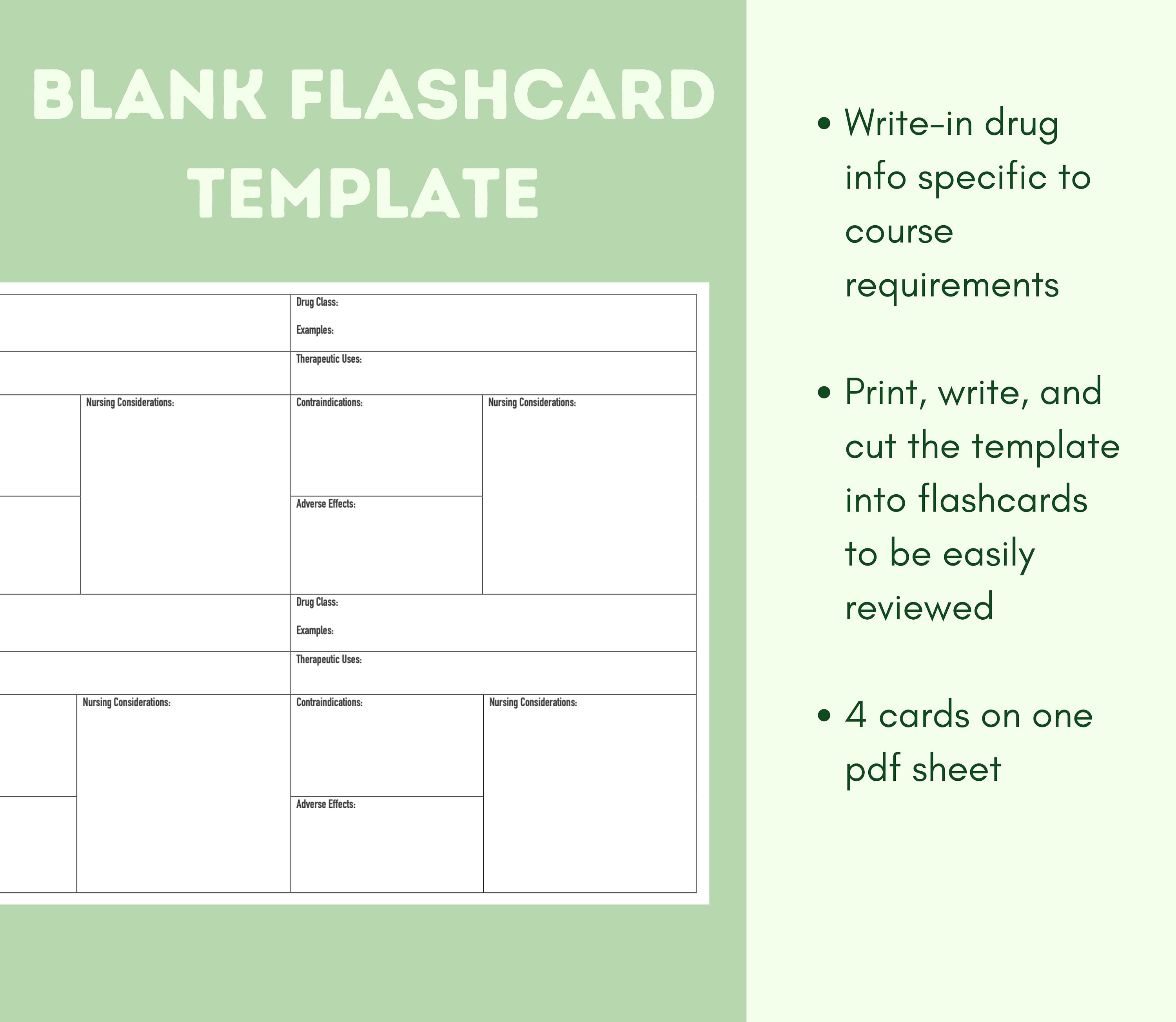 Pharmacology Blank Flashcard Template, Nursing Student Printable Study ...