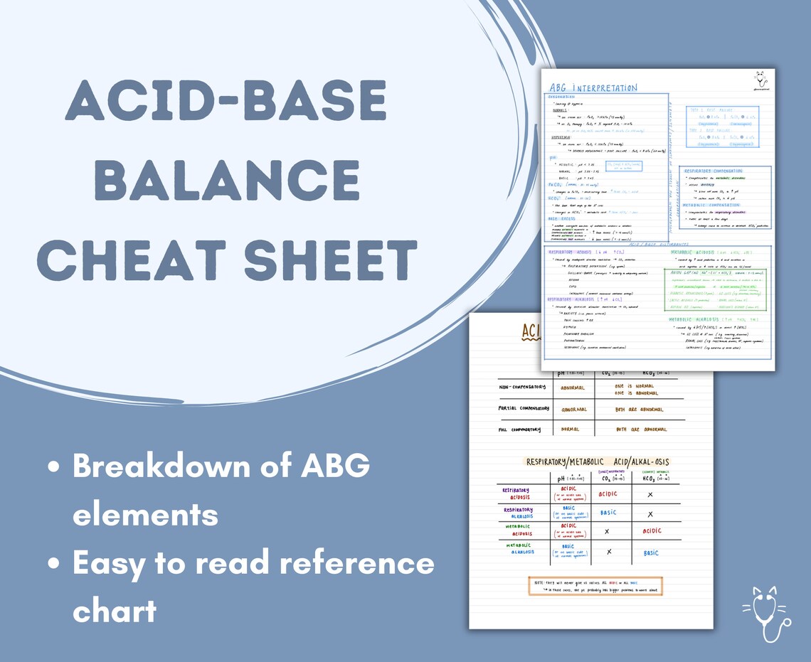 Acid Base Balance Cheatsheet, ABG Interpretation Chart, Respiratory ...