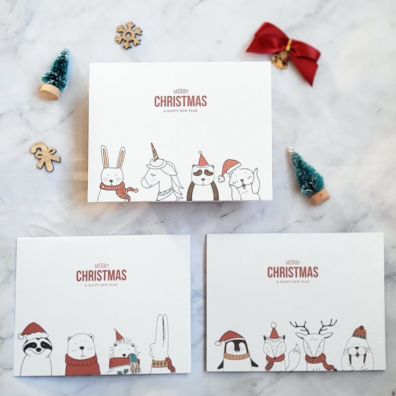 Set of 5 Printed Animals Christmas Cards, Printed Christmas Cards ...