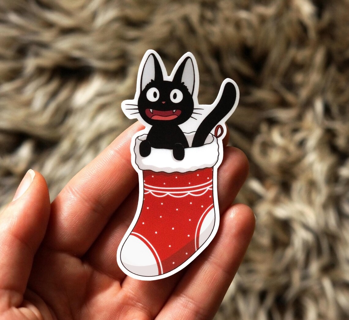 Cute Christmas Stocking Jiji Cat | Ghibli-inspired Sticker Anime ...