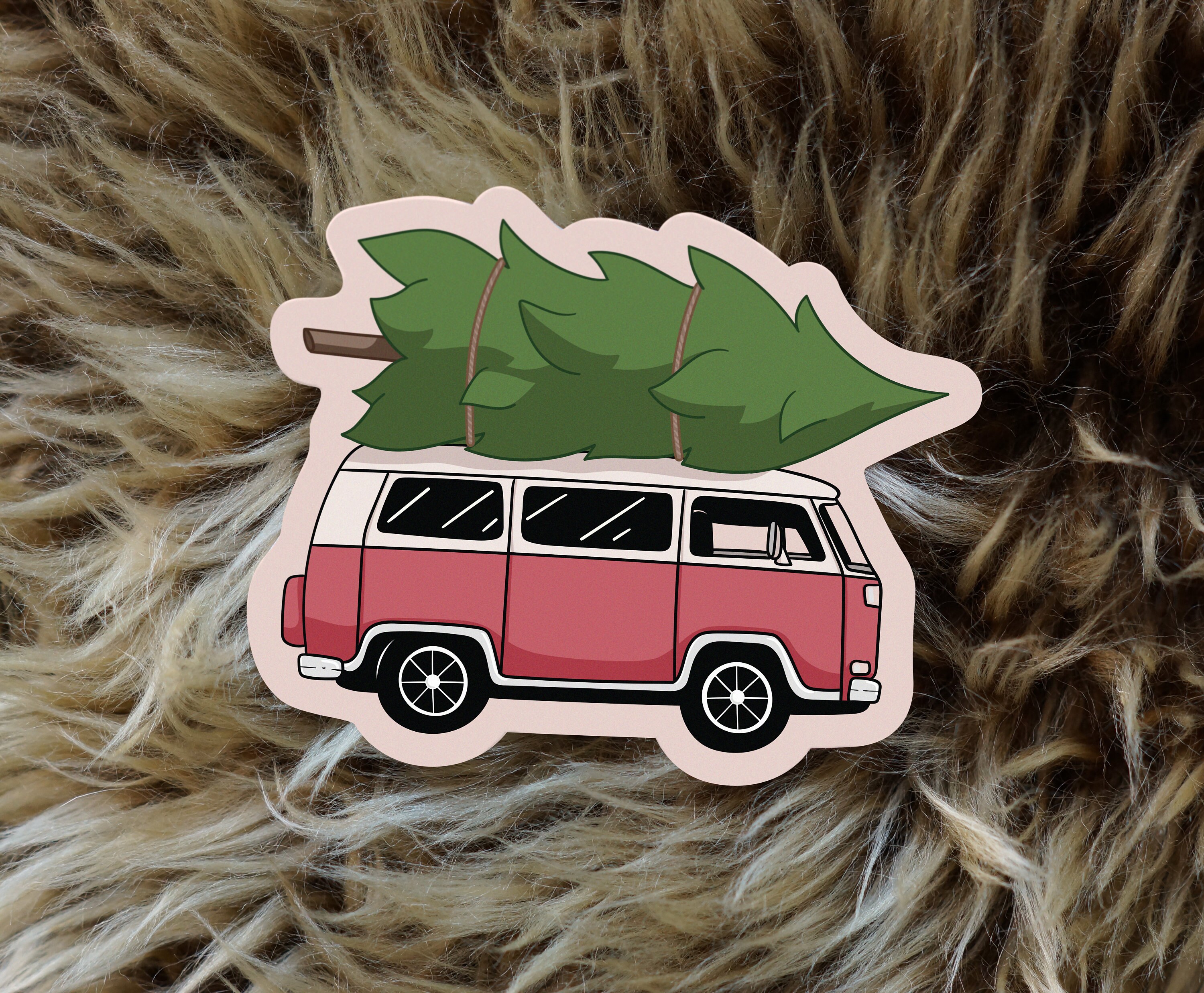 Retro Christmas Tree Hippie Van Sticker | Xmas Holiday Seasons Sticker ...