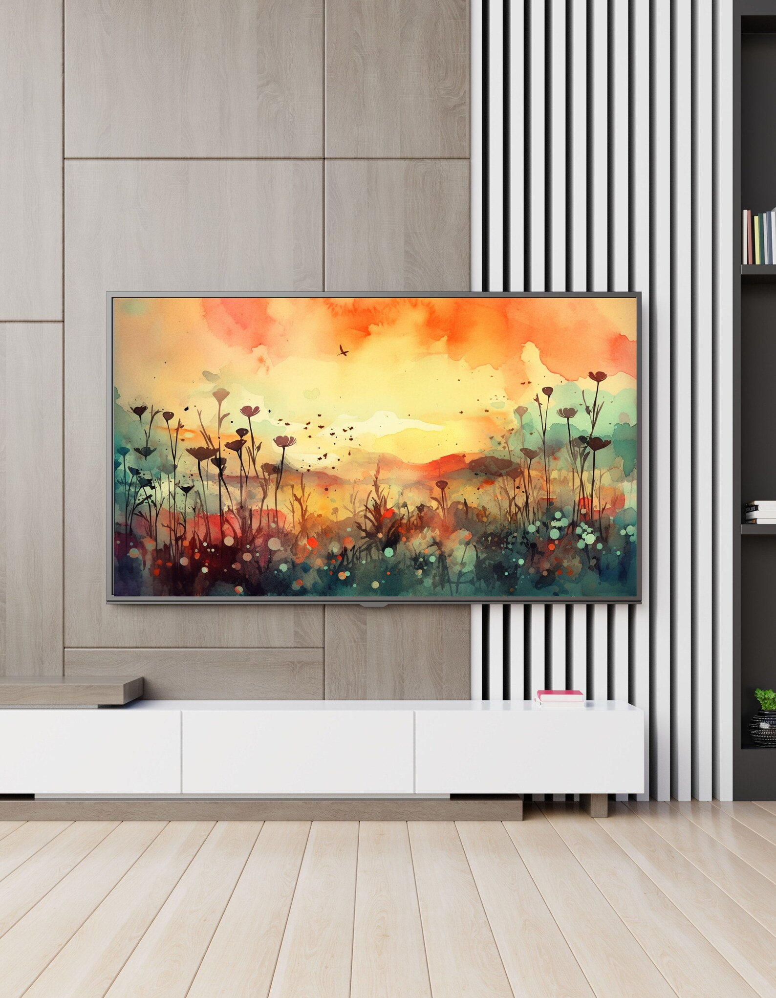 Samsung Frame TV Art, Beautiful Warm Spring Sunset Flowers, Watercolor ...
