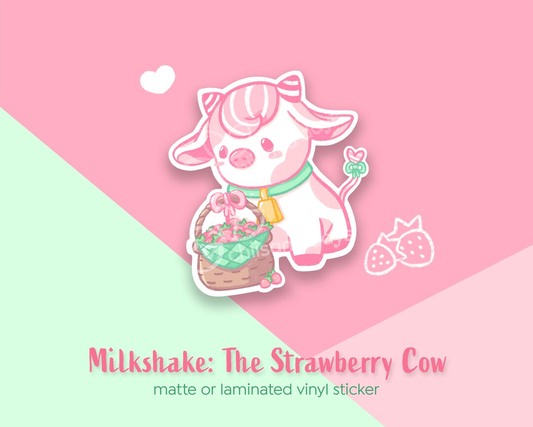 Milkshake: the Cute Pink Strawberry Cow Die-cut Vinyl Sticker | Kawaii ...