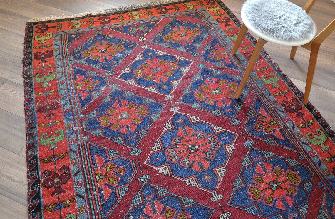 Vintage Old Rug Caucasian Oriental Daghestan Azerbaijan Soumak Crafted ...