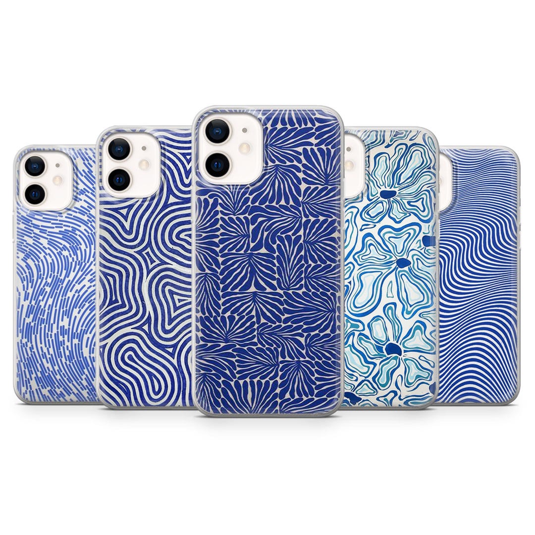 Blue Pattern Phone Case Line Art Cute Cover for iPhone 17pro, 16, 15 ...