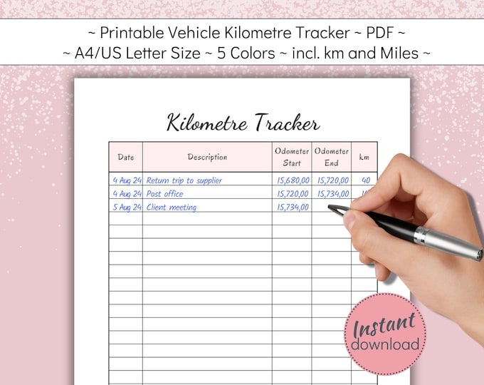 Vehicle Kilometre Log Book Printable, Km Travel Distance Logbook ...