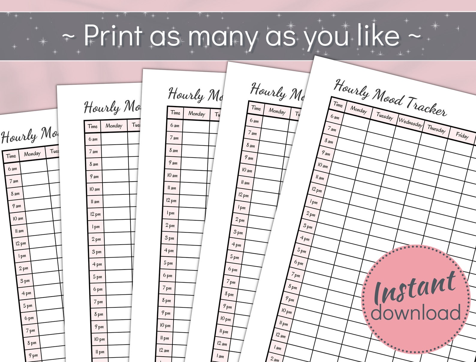 Simple Hourly Mood Tracker Printable, Weekly Emotions Record, Wellness ...