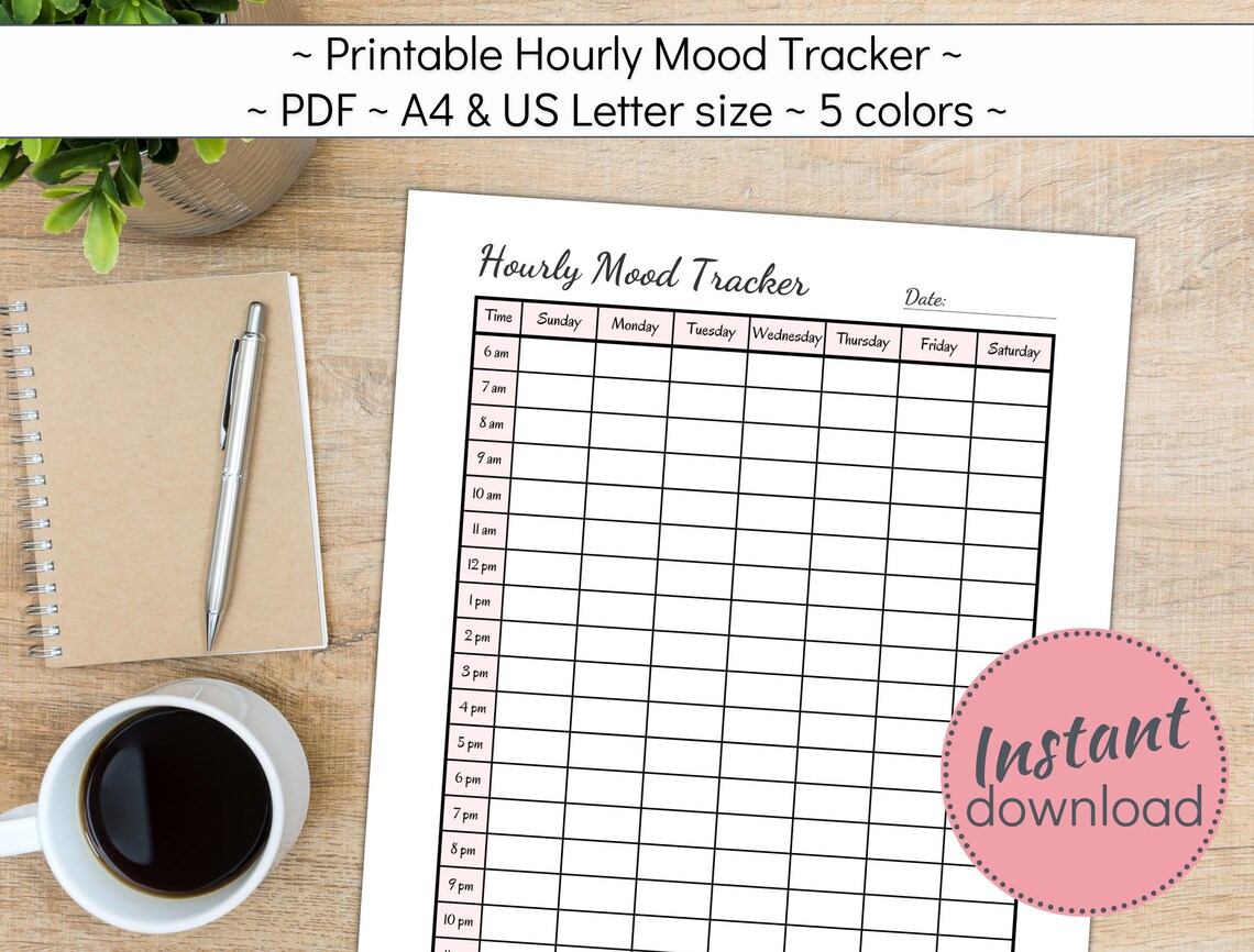 Simple Hourly Mood Tracker Printable, Weekly Emotions Record, Wellness ...