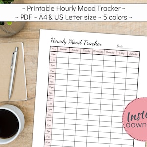 Simple Hourly Mood Tracker Printable, Weekly Emotions Record, Wellness ...