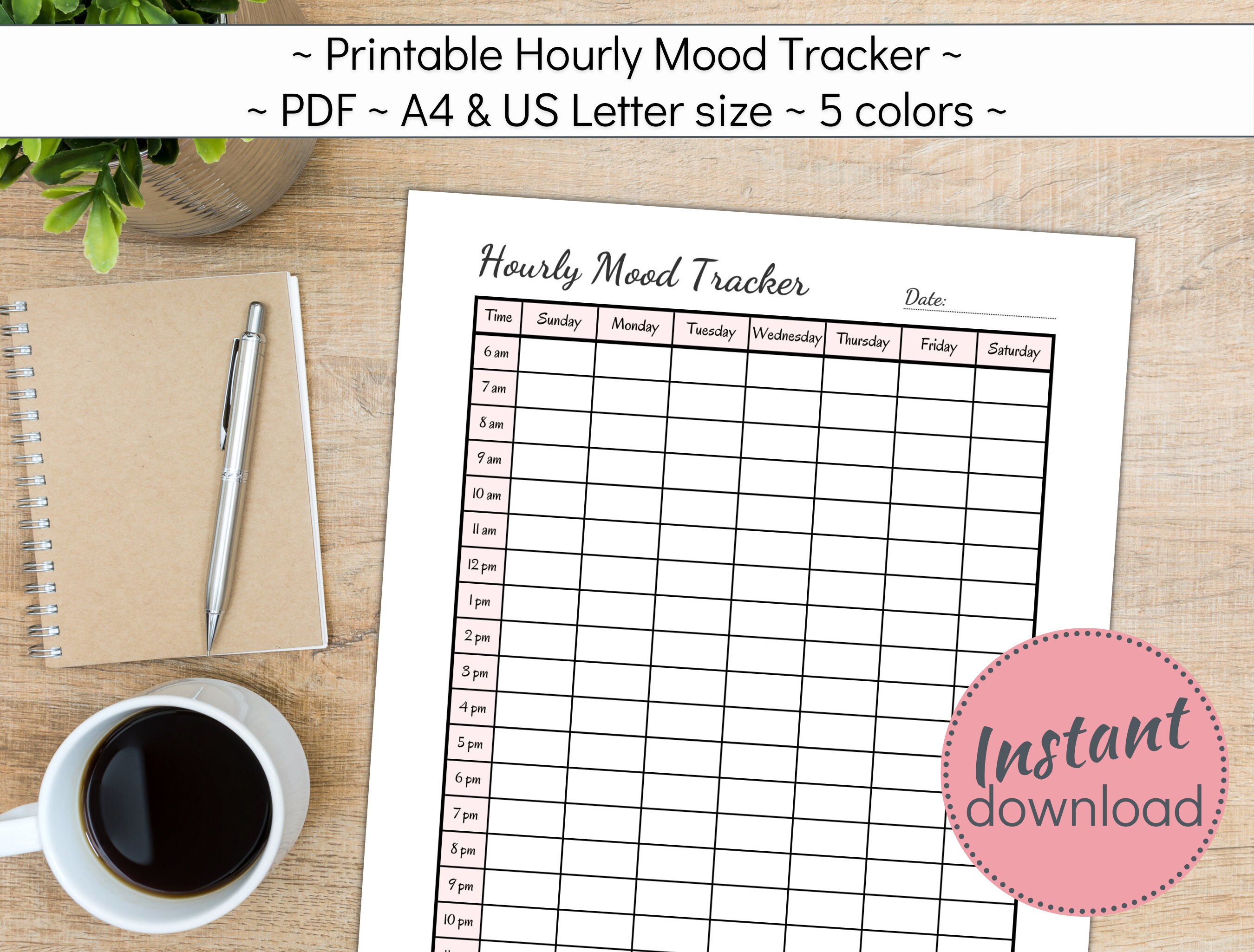 Simple Hourly Mood Tracker Printable, Weekly Emotions Record, Wellness ...