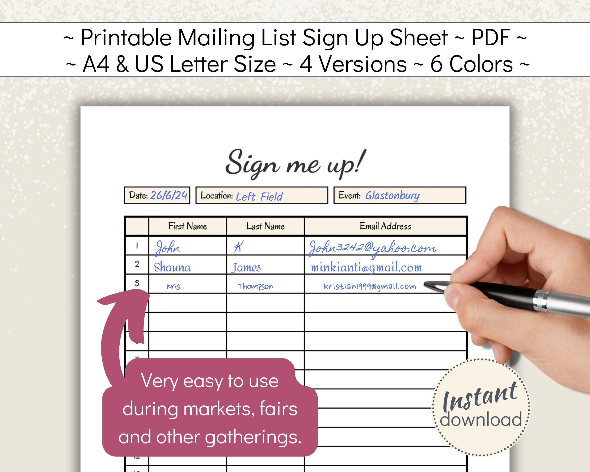 Printable Email Sign up Sheet, Email Collection Form for Markets ...