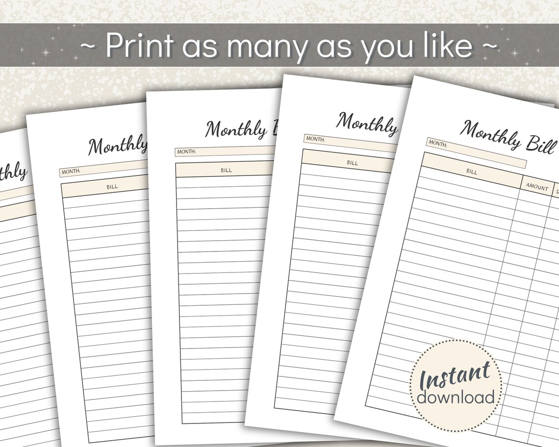 Monthly Bill Tracker Printable, Utility Bill Payment Checklist ...