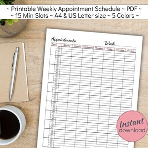 Printable Appointment Book With 15 Minute Time Slots, Weekly Client ...