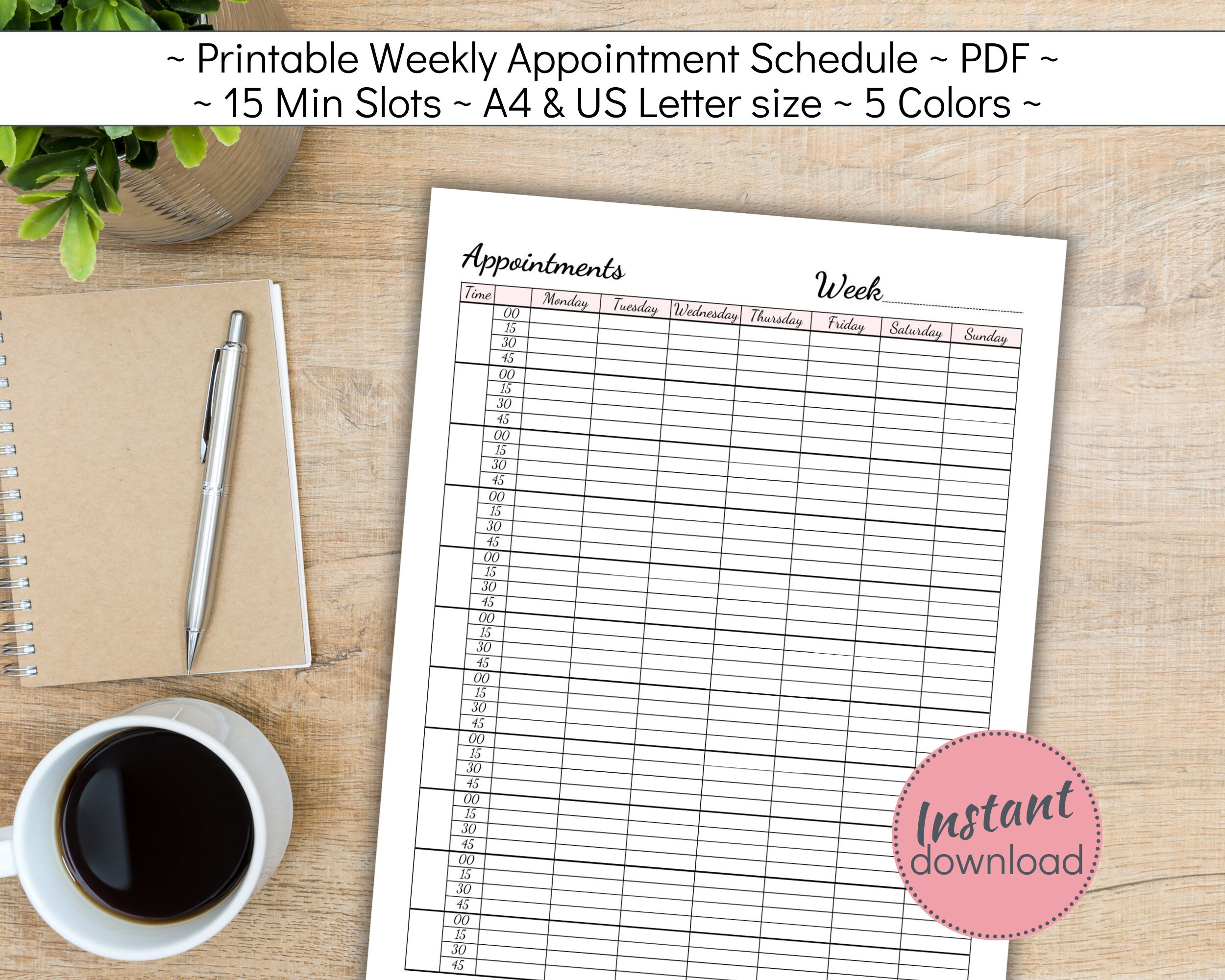 Printable Appointment Book With 15 Minute Time Slots, Weekly Client ...