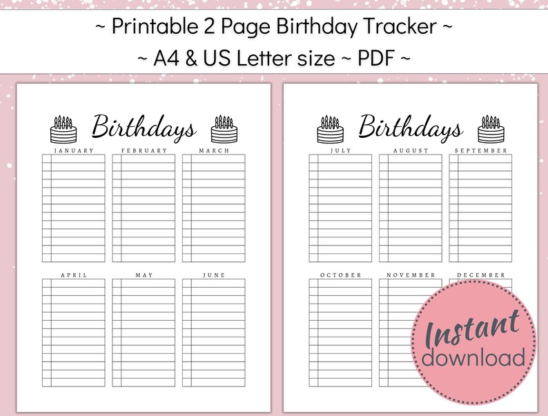 Printable 2-page Birthday Reminder, Natal Day Tracker Colorful ...