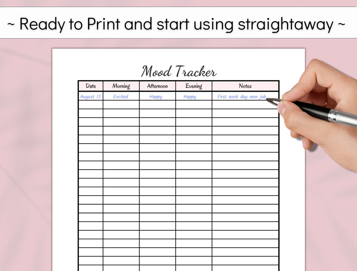 Simple Monthly Mood Tracker Printable, Daily Emotions Record, Wellness ...