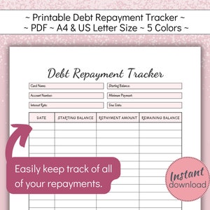 Printable Money Repayment Planner, Debt Payment Tracker in 5 Colors ...