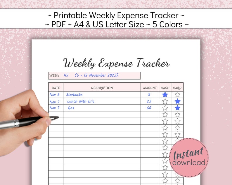 Weekly Expense Tracker Printable, Business and Personal Spending Log ...
