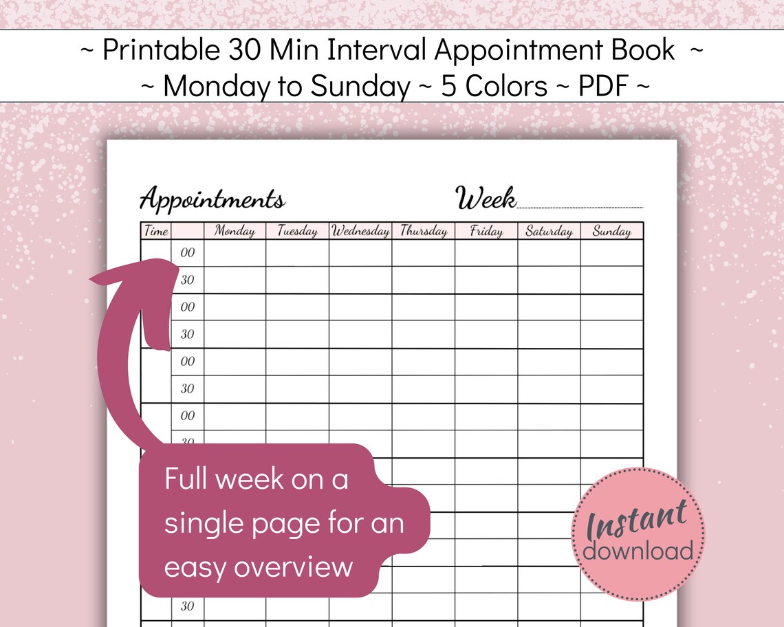 Printable Appointment Book With 30 Minute Time Slots, Weekly Client ...