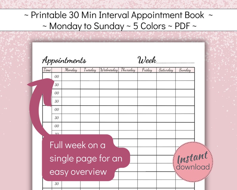 Printable Appointment Book With 30 Minute Time Slots, Weekly Client ...