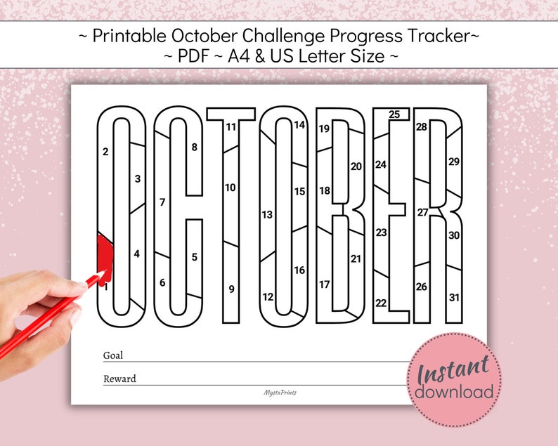 Monthly Challenge Tracker for October, 30 Day Goal Setting Coloring ...
