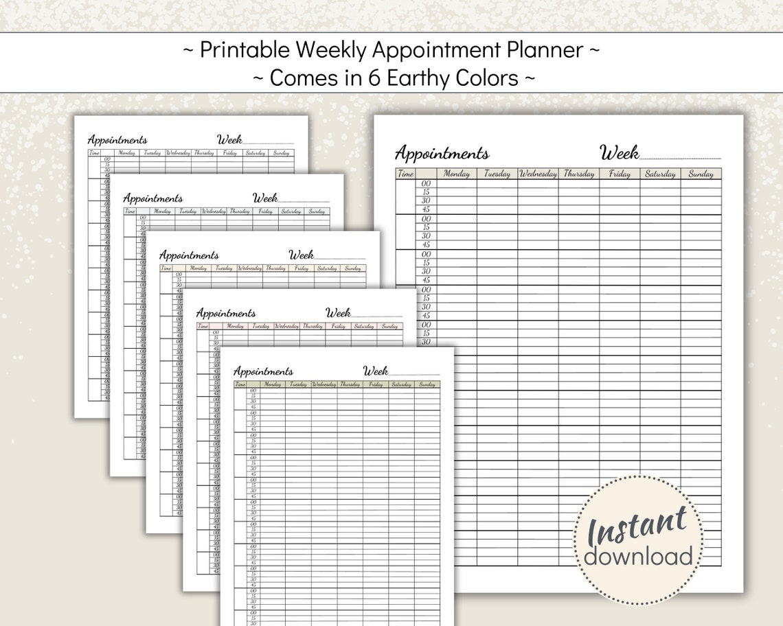 Printable Client Appointment Sheet With 15 Minute Time Slots, Weekly ...