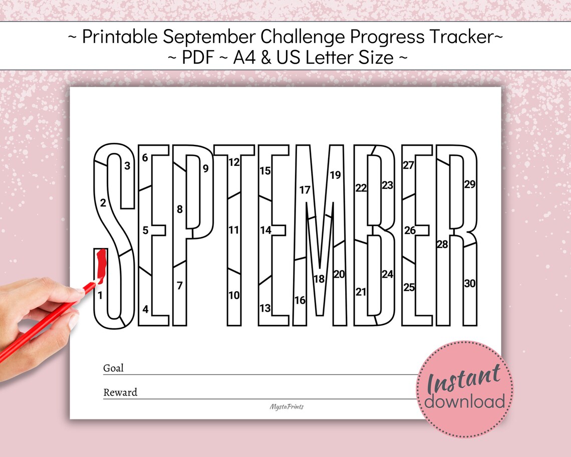 Printable September Challenge Tracker, 30 Day Goal Setting Coloring ...