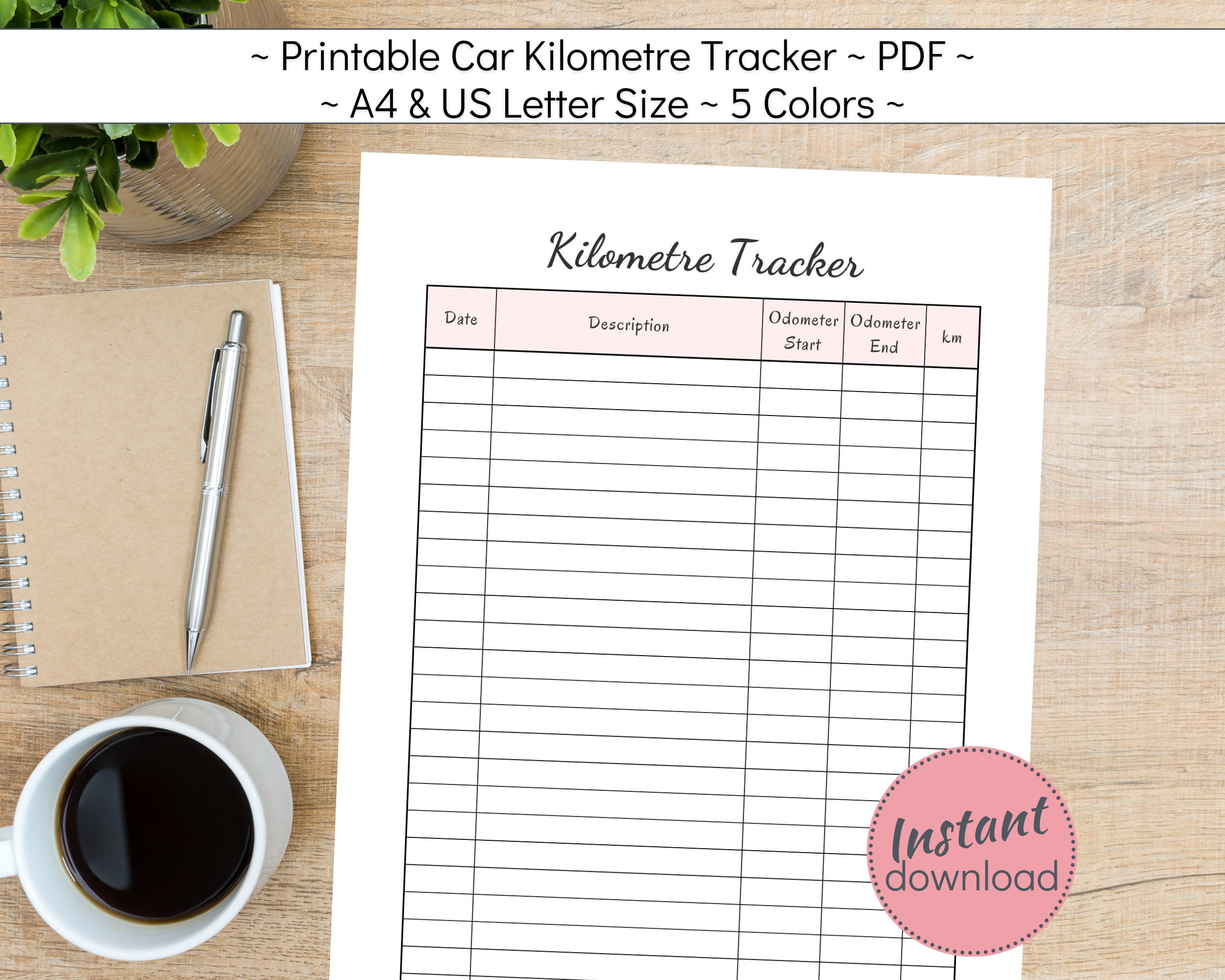 Printable Vehicle Kilometre Log Book, Travel Distance Logbook, Business ...